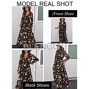 BLENCOT Women's Casual Boho Floral Printed Deep V Neck Loose Long Sleeve Long Evening Dress Ruched Cocktail Party Maxi Wedding Dress Black Medium
