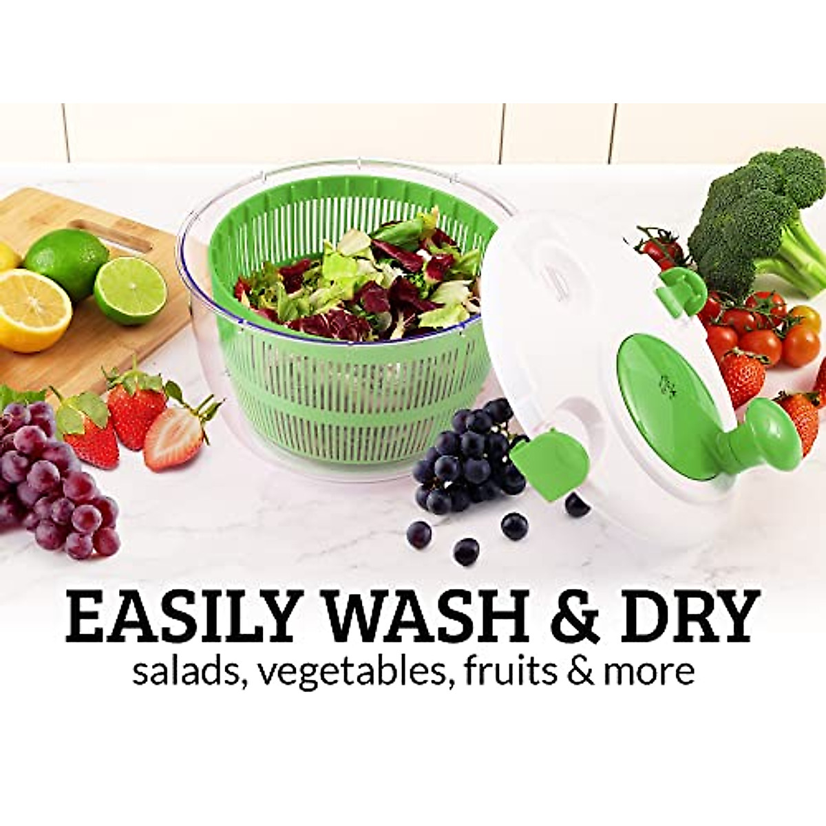 Zulay Kitchen Salad Spinner Large 5L Capacity - Manual Lettuce Spinner With Secure Lid Lock & Rotary Handle - Easy To Use Salad Spinners With Bowl, Colander & Built-in Draining System (Green)