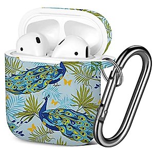 [ Compatible with AirPods 2 and 1 ] Shockproof Soft TPU Gel Case Cover with Keychain Carabiner for Apple AirPods (Beautiful Peacocks Palm)