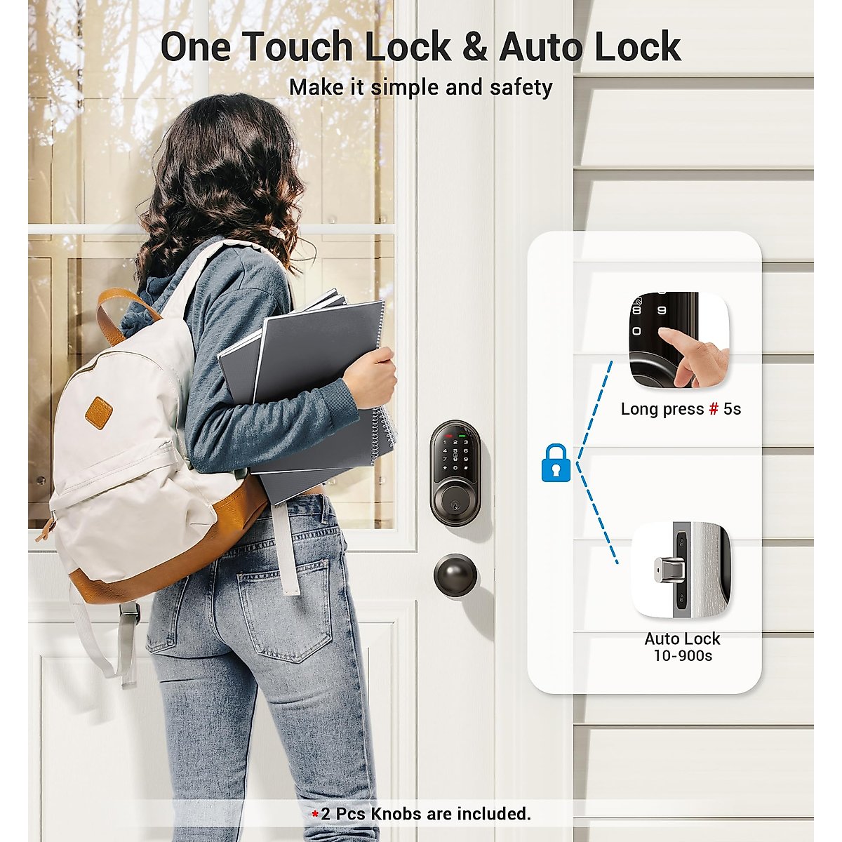 Veise Smart Locks for Front Door, 2 Knob Handle Set, Keyless Entry Deadbolt, App Control, Electronic Touchscreen Digital Keypad, Auto Lock, Easy Installation, IP54 Waterproof, Matte Black