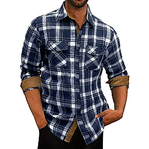 Comdecevis Men's Casual Button Down Flannel Plaid Shirts Long Sleeve Corduroy Cuffs Western Cowboy Club Shirt
