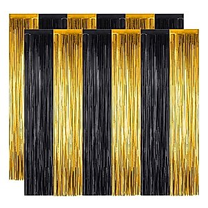 2Pack Foil Fringe Curtains,3.28 X 6.5ft Streamers Backdrop, Fringe Backdrop Tinsel Curtains for Christmas Halloween Party Photo Backdrop Wedding Decor Birthday (Black&Gold, 3.28 X 6.5ft)