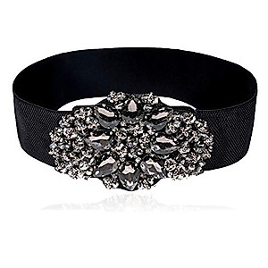 Dorchid Women Rhinstone Belt Full Crystal Buckle Cummerbund Wide Elastic Waistband 7 Colors Black
