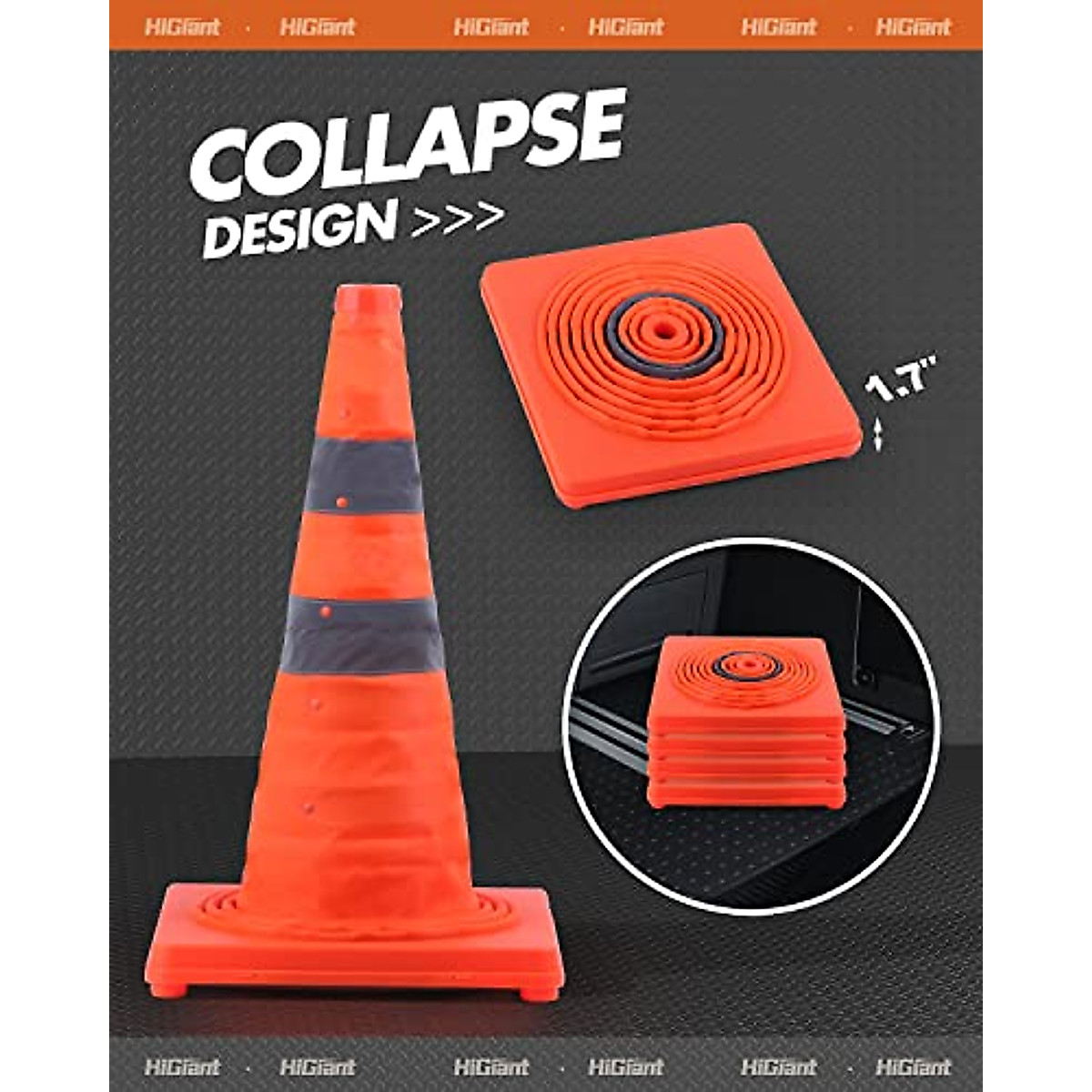 HiGiant [4 Pack] Collapsible Traffic Safety Cones 28'' inch, Orange Pop-up Cones with Reflective Collar, Caution Cones for Road Driving Practice and Parking lot