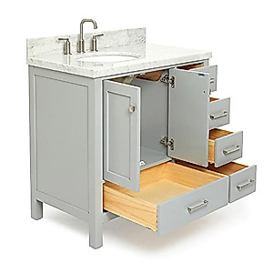 ARIEL 37" Grey Bathroom Vanity with 1.5" Edge Italian Carrara Marble Countertop & Backsplash, Left Oval Sink, 2 Soft Closing Doors, 5 Full Extension Dovetail Drawers, Brushed Nickel
