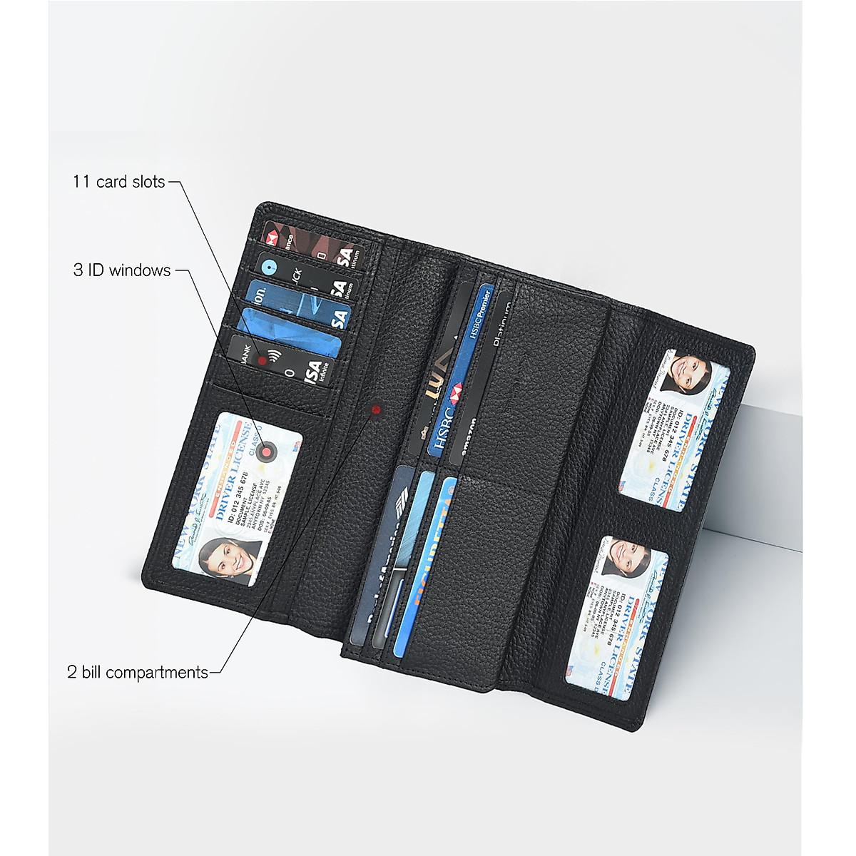 ESTALON Leather Long Bifold Wallet for Women | RFID Blocking | 11 Card Organizer Slots | 3 ID Windows | Trendy Women's Travel Wallet | Ladies Clutch Purse | Gifts for Her | Black Pebble