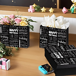 MOORIIY White and Black Birthday Gift Bag for Men Women Large Happy Birthday Wrapping Gift Bag with Tissue Paper and Greeting Card for Birthday Party Supplies 11.8" x 9.4" x 5.3" (Style B -Black)