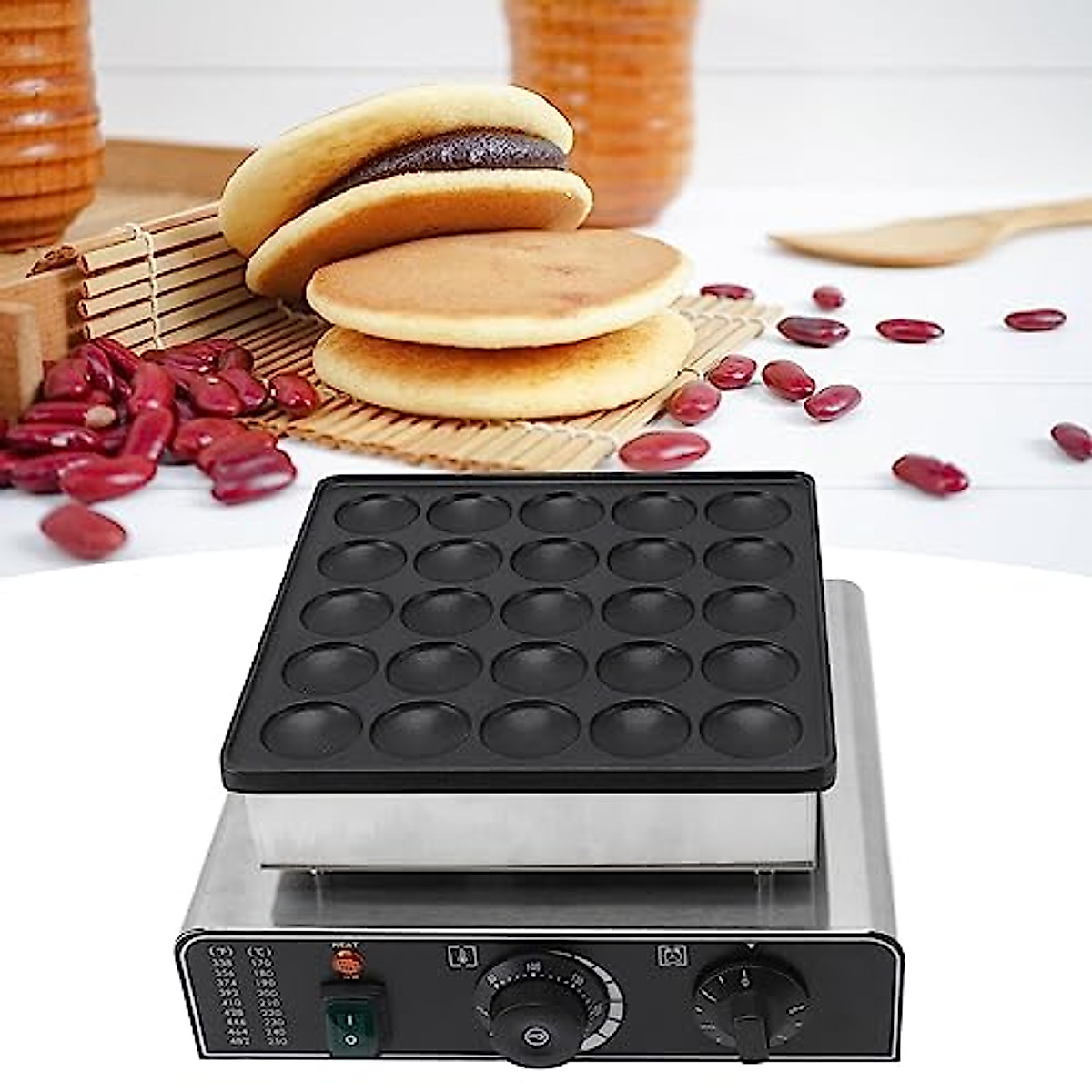 Commercial Pancake Maker， Mini Dutch Dorayaki Pancake Baker Waffle Maker Electric Muffin Making Machine 36 Holes Double Switch Non-stick Surface thermosta for Bakery Home and Kitchen (13.58*15.94*7.28inch)