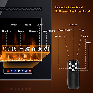 COSTWAY 36-Inch Electric Fireplace, 750W/1500W Wall Recessed and Mounted Fireplace Insert with Remote Control, 9 Flame Colors, 5 Brightness Settings, 8 H Timer, Fireplace Heater for Indoor Use