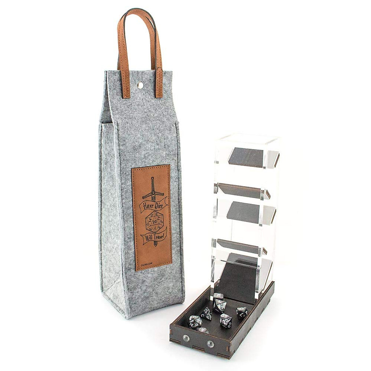 Dice Tower Travel Bag Grey Felt and Chestnut ~ by C4Labs