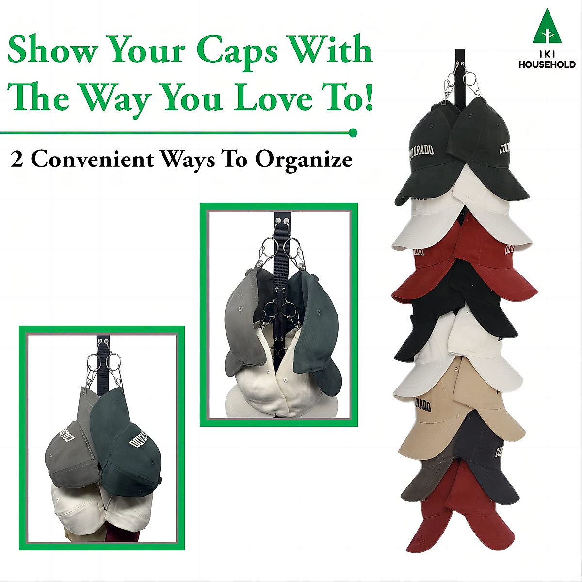 IKI Hat Organizer for Baseball Caps - Holder Closet 2Pack Each 16 Premium Clips, Good Hangers Rod, Display Wall Mount, Easy Storage Racks and Hats, Black