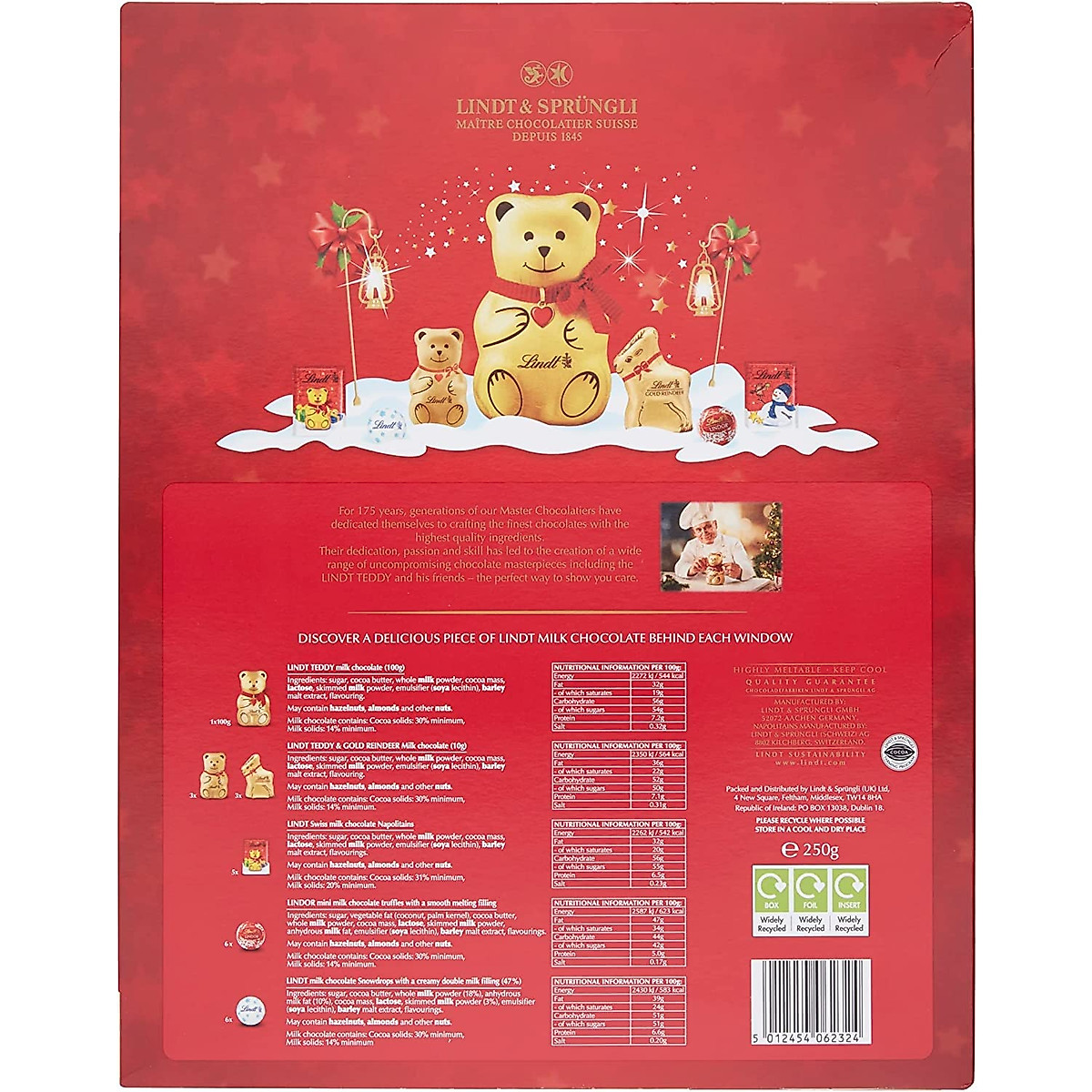 Lindt Bear & Friends Advent Calendar, 24 Fine Milk and White Chocolates, 250g