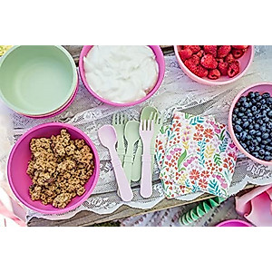 Re-Play Made in USA Toddler Forks and Spoons, Pack of 8 Without Carrying Case - 4 Kids Forks with Rounded Tips and 4 Deep Scoop Toddler Spoons - 0.2" Thick Toddler Utensils, Sand