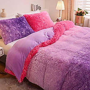 Holawakaka Pink Purple Ombre Stars Shaggy Fuzzy Duvet Cover Set Queen Size Faux Fur Bedding Sets (Pink Purple, Queen)