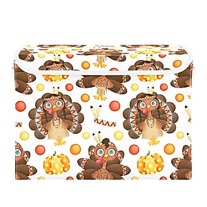 Vnurnrn Tribal Tturkey Collapsible Storage Bin with Lid, Foldable Storage Basket Cube for Clothes Toys 16.5×12.6×11.8 IN