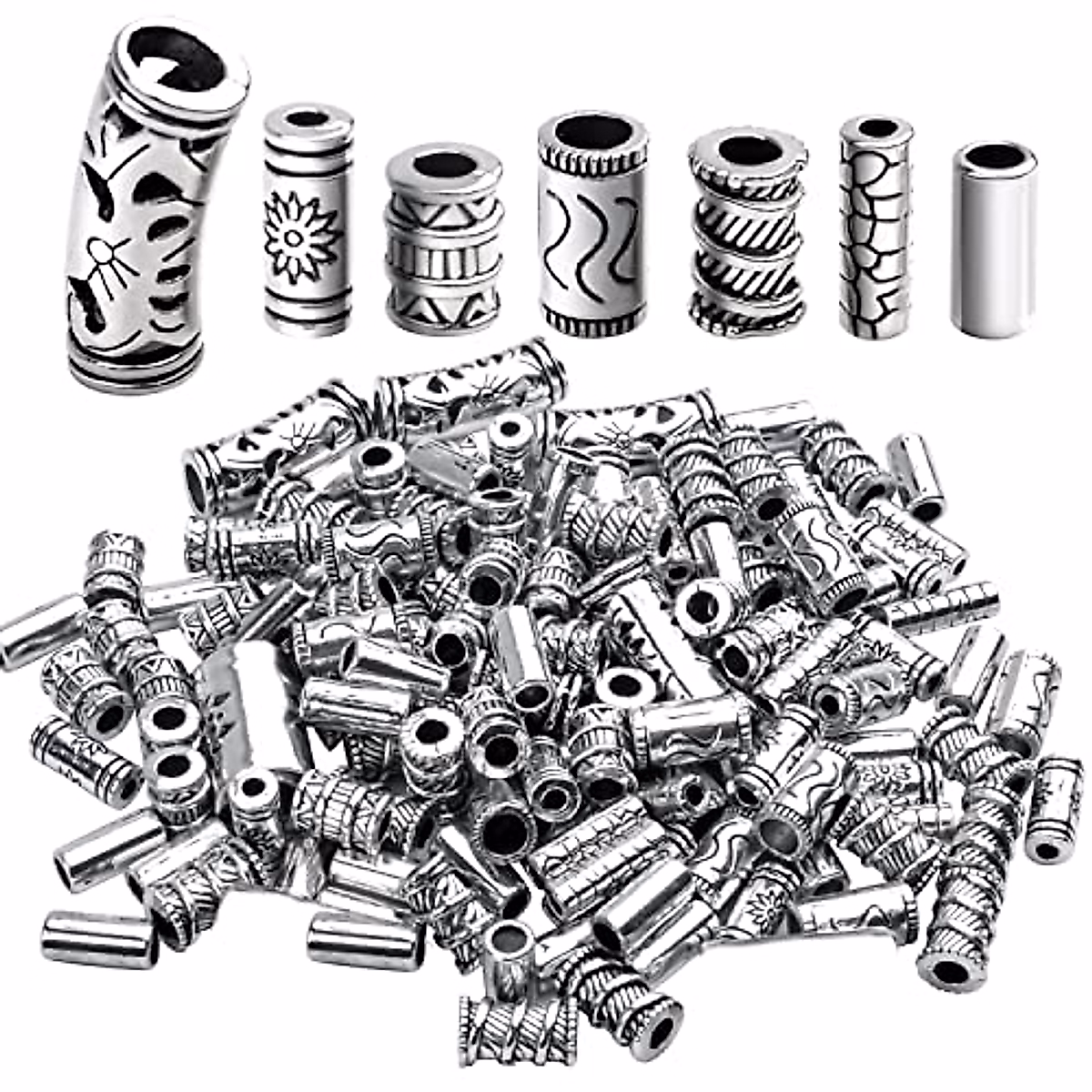 100g (About 80-150pcs) Assorted Column Spacer Beads Tibetan Silver Tube Beads for Bracelet Necklace Jewelry Making Crafts DIY,7 Styles,4-16mm