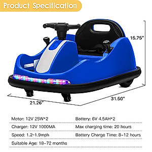 Kidzone 12V 2 Driving Mode (Steering Wheel/Joystick) Ride On Bumper Car for Kids & Toddlers 1.5-6 Year Old DIY Sticker Baby Bumping Toy Gifts W/Remote Control LED Lights, 360 Degree Spin