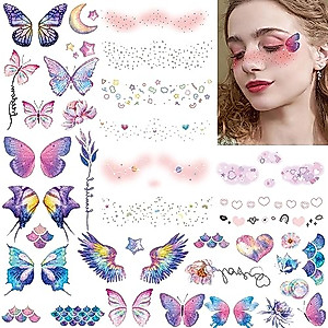 Tazimi Sweet Face Tattoos for Girls Women-8 Sheets Freckle Tattoos -6 Sheets Glitter Butterfly Temporary Tattoos for Halloween Parties Festival Makeup Rave Accessories Face Tattoos Sticker