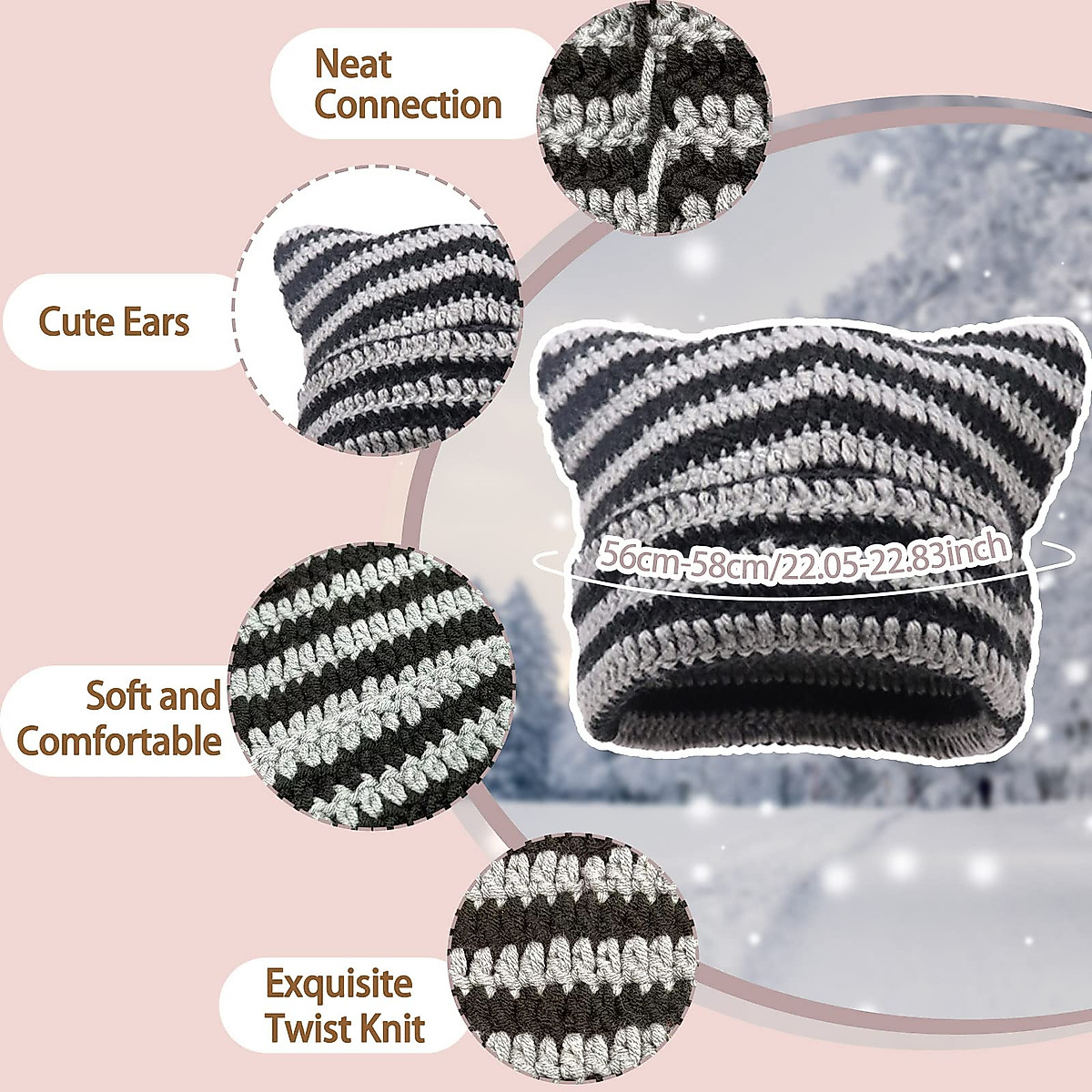 Cat Ear Beanie for Women Knitted Crochet Fox Hat with Striped Winter Cap Y2K Accessories Grunge Goth Slouchy Beanies Black