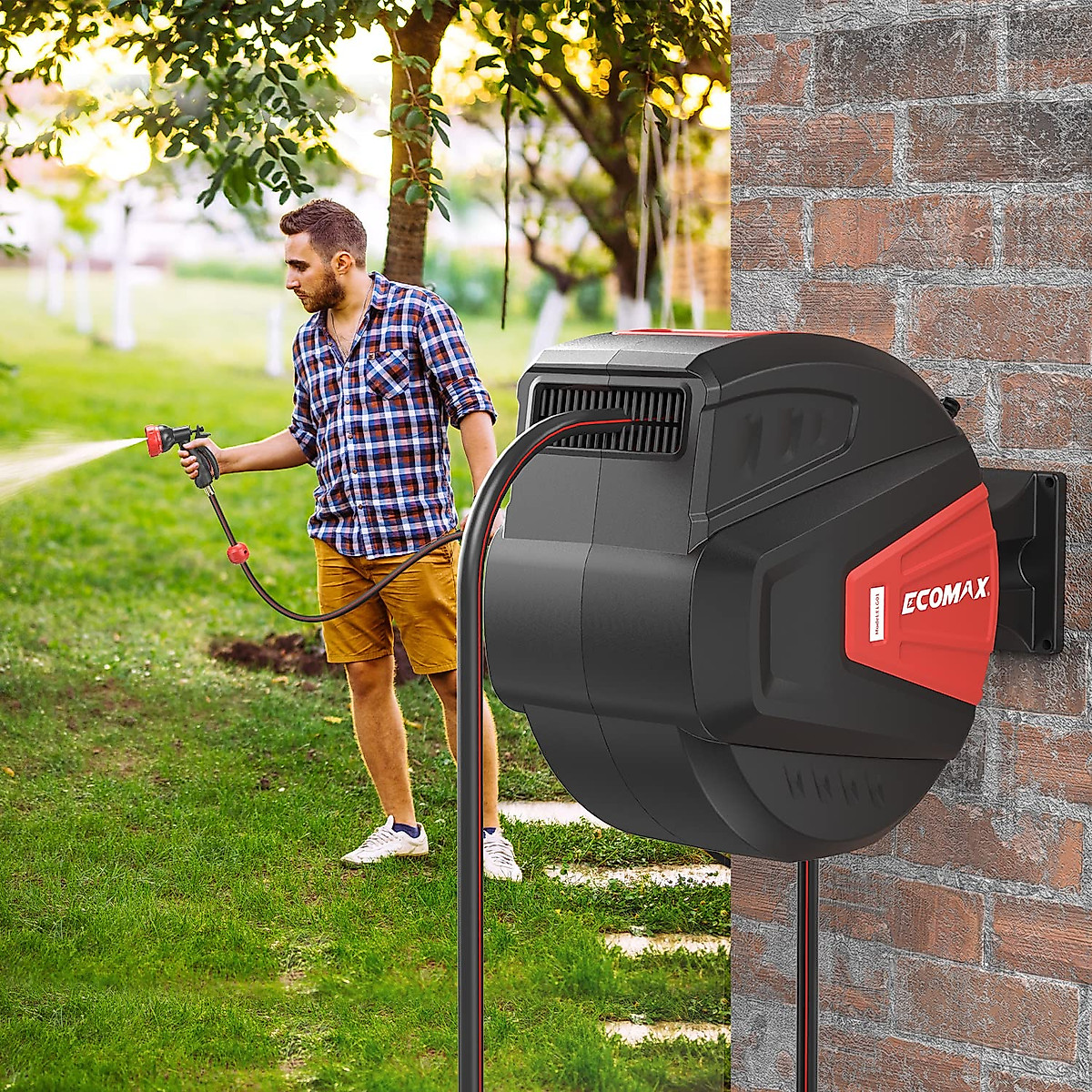 Ecomax ELG01 1/2in. x 100ft Garden Hose Reel, Retractable Reel Storage with Any Length Lock, Slow Return System, 9 Patterns Adjustable, Wall-mounted & 180° Swivel Bracket for Watering, Black & Red