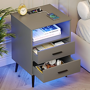 FREDEES Grey Night Stand with Charging Station and LED Lights, Nightstand with Human Sensor, 2 Drawers Smart Bedside Table, Modern End Table Furniture for Bedroom