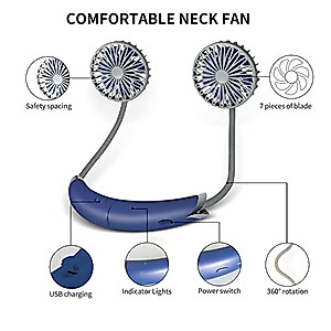 HUIQIMEI Portable Neck Fan Rechargeable Cooling Neck Fan Detachable Electric Personal Fans Independent Switch Control Long Battery Life for Travel Office Household Outdoor Sports (Blue)