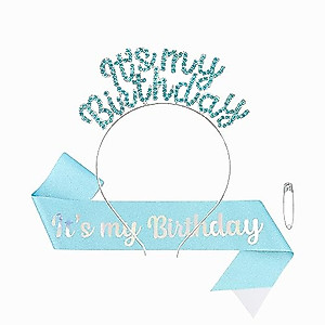 Araluky Blue Happy Birthday Crowns for Women IT'S MY BIRTHDAY Alloy Headband with Its My Birthday Sash and Tiara for Women Birthday Headband Tiaras for Women Girls Parties Favors Costume Birthday Gift