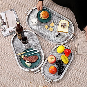 Decorative Tray Rustic Serving Trays Decorative Ottoman Wood Decor Kitchen Counter Decor Serving Tray with Handles,Nested Oval Whitewashed Farmhouse Platters(Set of 3 Pcs)