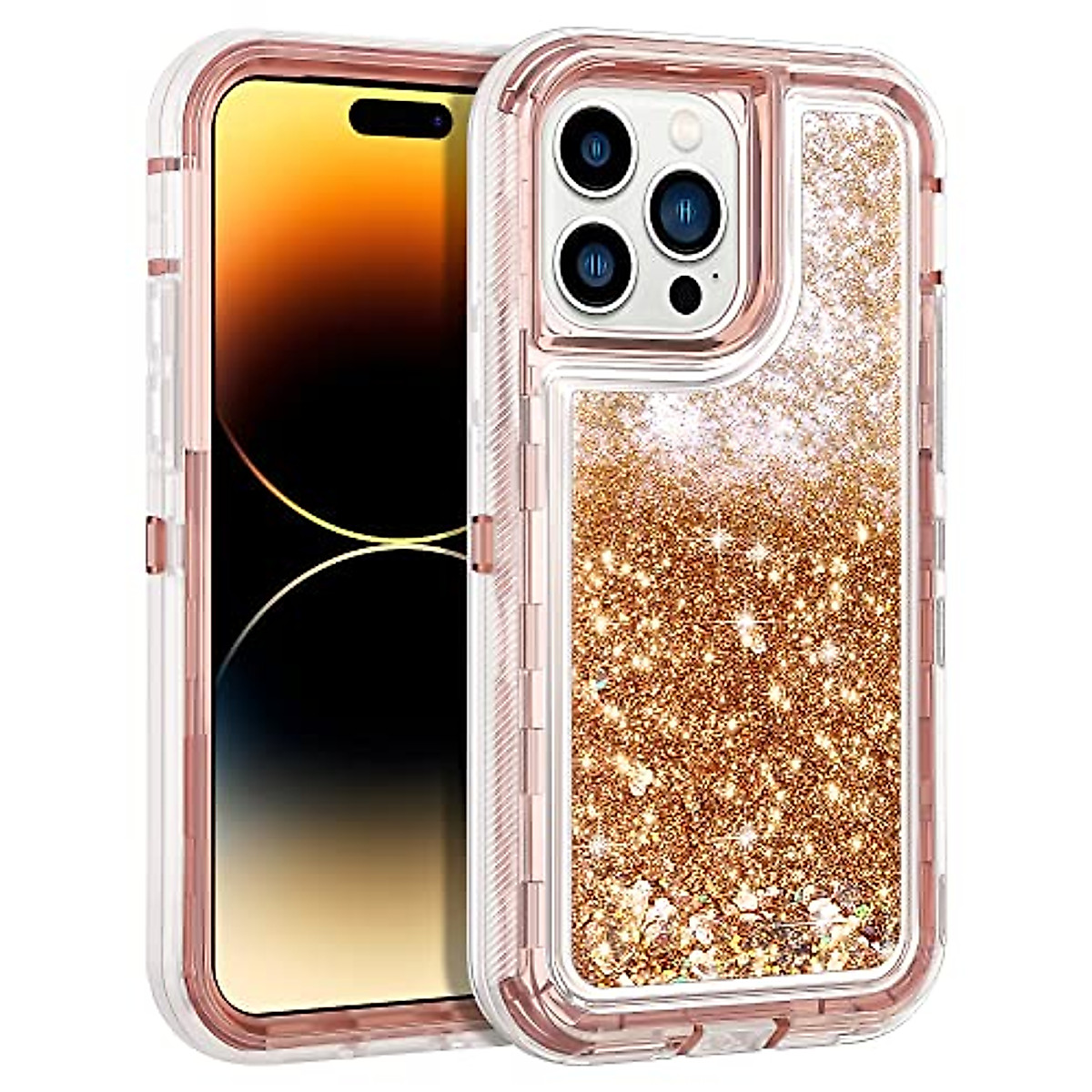 WOLLONY for iPhone 14 Pro Max Case Glitter Floating Liquid Shiny Quicksand Case for Women Girls Heavy Duty Shockproof Protective Case Hard PC Bumper Soft TPU Cover for iPhone 14 Pro Max 6.7''Rosegold