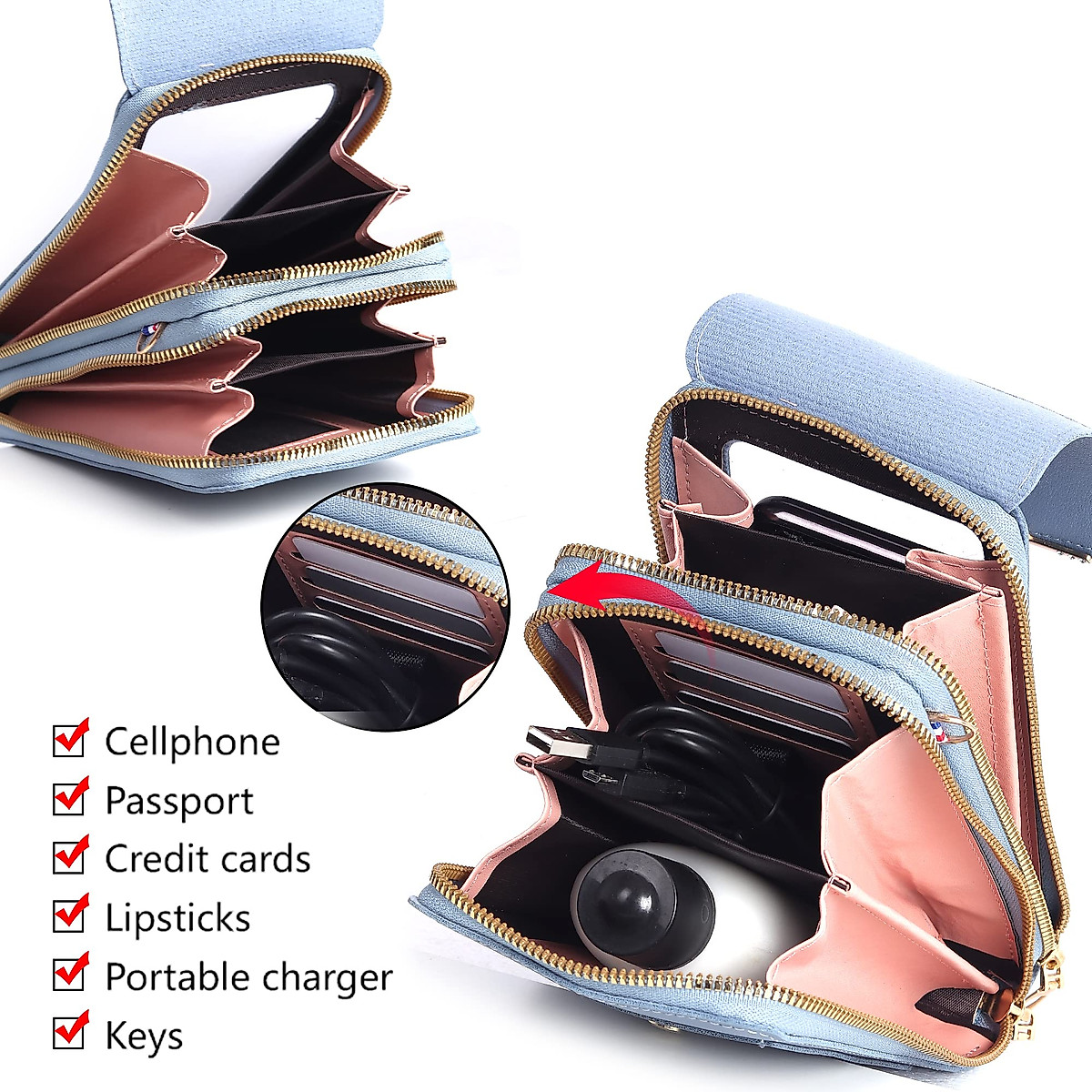 GEARONIC Small Crossbody Bags for Women, Small Cell Phone Purse, Handbags Wallet with Credit Card Slots, Leather Phone Wallet with Strap, Phone Purse Crossbody for Women with Transparent Window-Blue