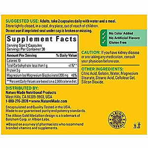 Nature Made Magnesium Glycinate 200 mg per Serving, Dietary Supplement for Muscle, Heart, Nerve and Bone Support, 60 Capsules, 30 Day Supply