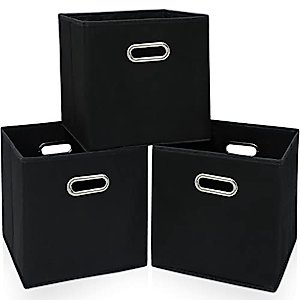 SEVENDOME Black Fabric Storage Bins，13 Inch Cube Organizer Bins,Fabric Organizer Bins Foldable Storage Bins Basket with Dual Handles and Storage Box，Set of 3,Black