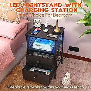 AMHANCIBLE LED Night Stand Set 2, Night Stands for bedrooms Set of 2 with Charging Station, Side Table with USB C Port and Outlet HET052LBK
