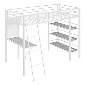 Harper & Bright Designs Metal Twin Size Loft Bed with Desk, Loft Bed Twin with 3 Layers of Shelves, Space Saving Twin Loft Bed with Desk Underneath and Whiteboard for Kids Girls,Boys,White