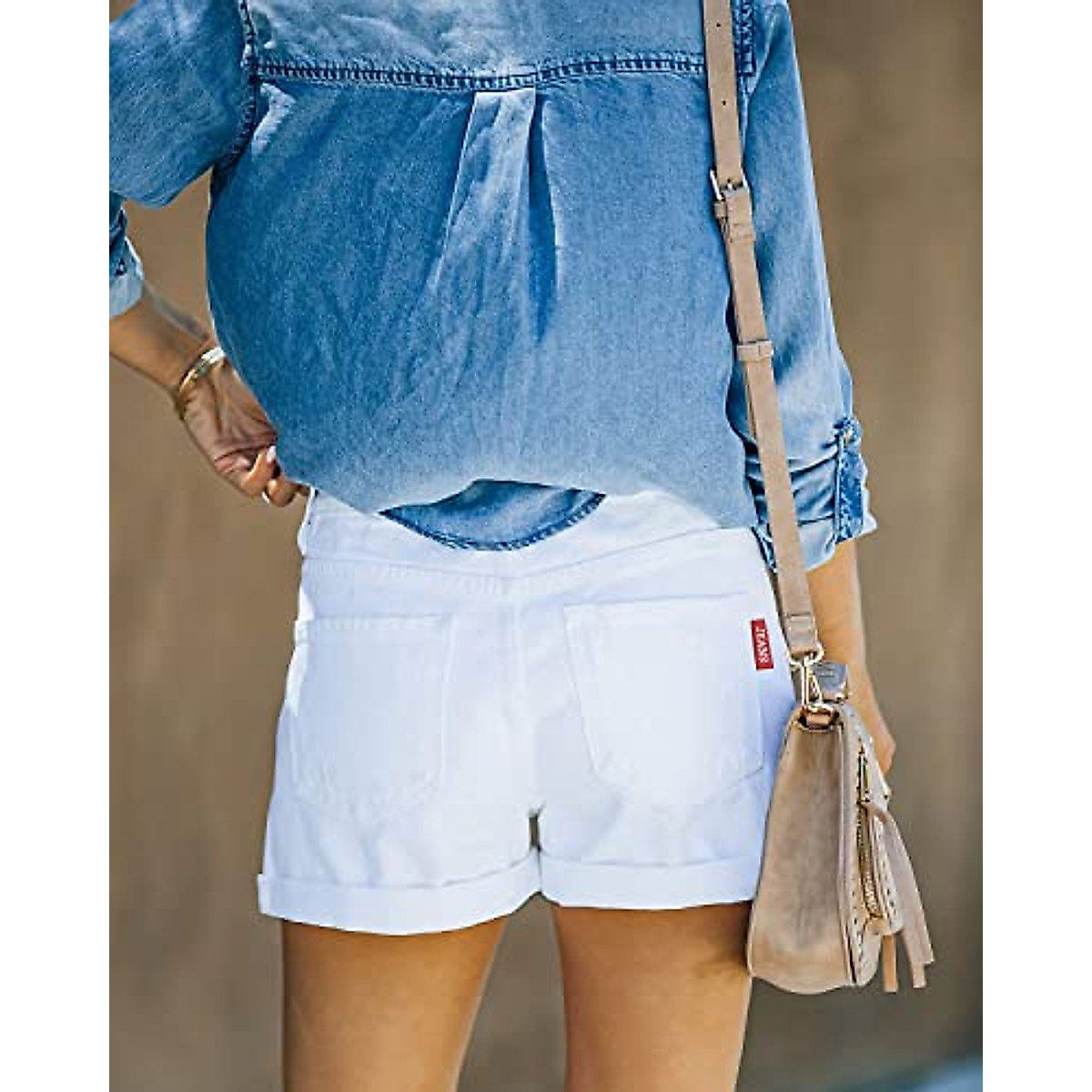 Women Folded Hem Shorts Distressed Elastic Waist Casual Short White Jean Shorts for Juniors XL