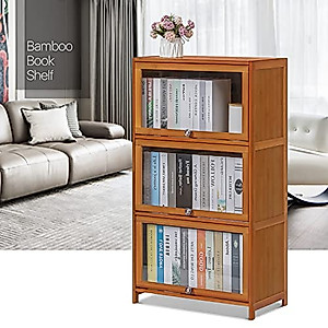 MoNiBloom 3 Tier Book Cabinet with Acrylic Doors, Bamboo Display Shelf Organizer Stand for Children's Student, Hallway, Home, Office, Brown