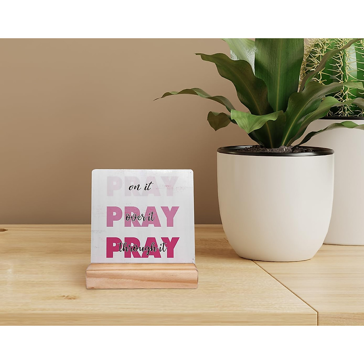 Pray on It Pray over It Pray Through It Prayer Wood Plaque with Wooden Stand,Pink Prayer Christian Wooden Plaque Sign Desk Decor for Home Bedroom Living Room Table Shelf Decoration