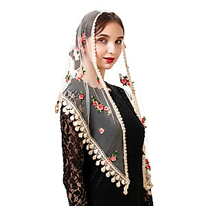 PAMOR Triangle Little Flower Chapel Veils Embroidered Scarf Shawl Latin Mass Head Covering Mantilla Veil for Church (Champagne Rose)
