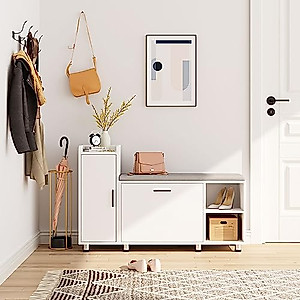 Maupvit Shoe Storage Bench with Flip Drawer Shoe Cabinet, 8 Height Adjustable Metal Feet Shoe Bench, Entryway Bench with Removable Seat Cushion, Narrow Shoe Rack Shoe Cabinet for Entryway Slim, White