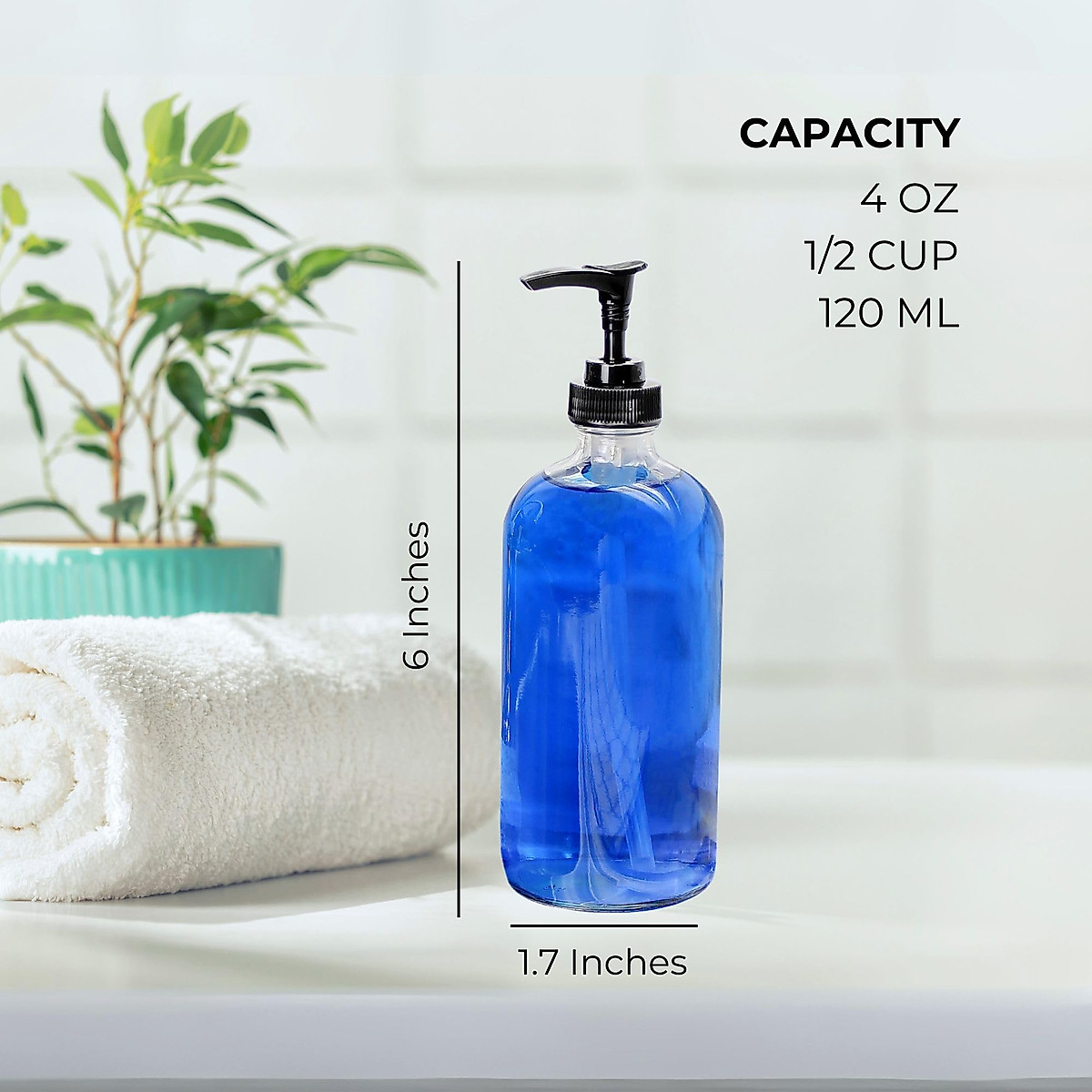 Cornucopia Brands 4oz Clear Glass Pump Bottles (4 Pack); Refillable Glass Containers w/Black Plastic Soap/Lotion Pump Dispensers