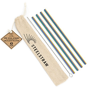 Metal Straws - 4 Reusable Stainless Steel Straws w/Cleaning Brush in Cloth Bag - Straight Straw fits 20 oz Tumblers