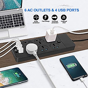 MAOZUA Universal Power Strip with 6 Oulets and 4 USB, 6.5ft Extension Cord 3000W Universal Power Strip Surge Protector 110V-250V Extension Lead for Home Office Dorm Room (Black)