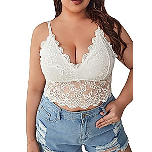 SOLY HUX Women's Plus Size Sexy Floral Lace Scalloped Trim Wireless Bra Adjustable Strap V Neck Everyday Bralette Plain White 2XL