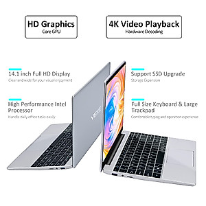 VGKE B14 Windows 10 Laptop, 14 inches Full HD 1920*1080 IPS 100% sRGB Display, Itel X7-E3950 Quad-Core, 6GB LPDDR3, 128GB SSD, Expandable 1TB, 4K, WiFi, BT4.0 (Silver)