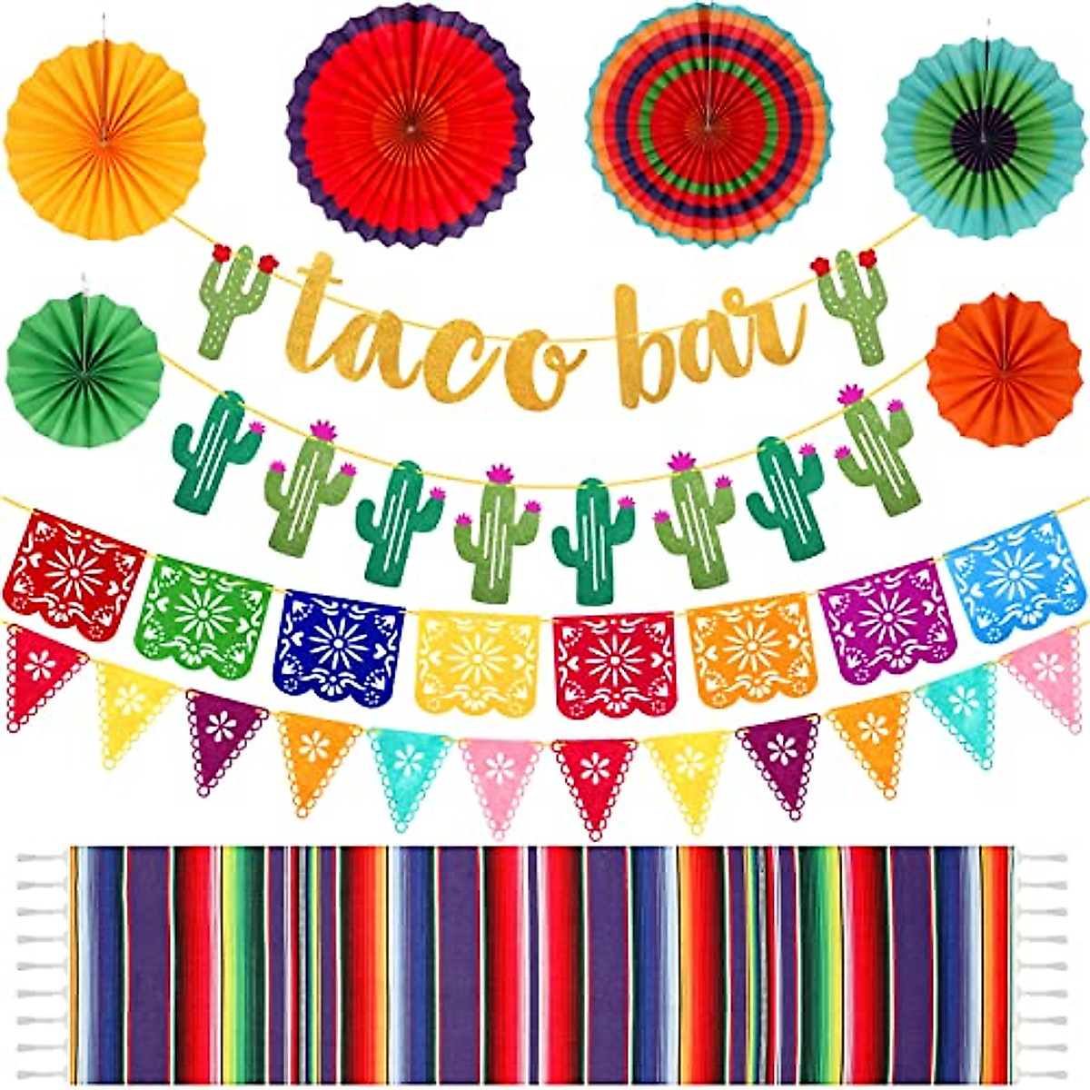 39 Pcs Taco Bar Decorations Fiesta Party Set Serape Table Runner Taco Bar Cactus Banner Garland Fiesta Paper Fan Mexicano Picado Banner Party Decor for Mexican Cinco De Mayo Party Supplies(Purple)