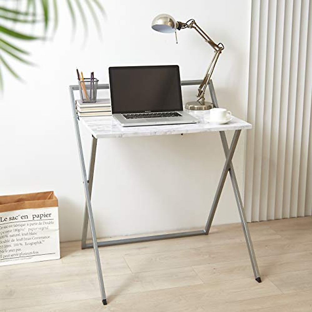 Urban Shop Compact Folding Desk, White Marble
