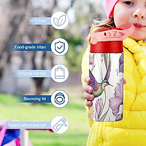 Stainless Steel Water Bottles Hummingbirds Irises Flowers Travel Water Cups with Handle And Silicone Straw Drinking Cup with Leak Proof Lid Thermo Travel Mug for Women Men