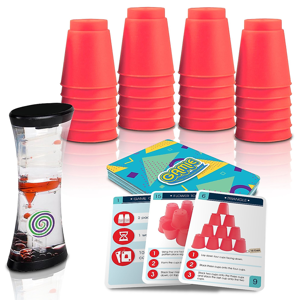 Gamie Stacking Cups Game with 18 Fun Challenges and Water Timer, 24 Stacking Cups, Sturdy Plastic, Classic Family Game, Idea for Boys and Girls Ages 3+ Olds, Tons of Fun