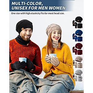 Mens Hat Scarf and Gloves Set Winter, Thick Thermal Fleece Lined Slouchy Beanie Neck Warmer Scarves Touchscreen Gloves, 3 in 1 Warm Set for Cold Weather(Black)