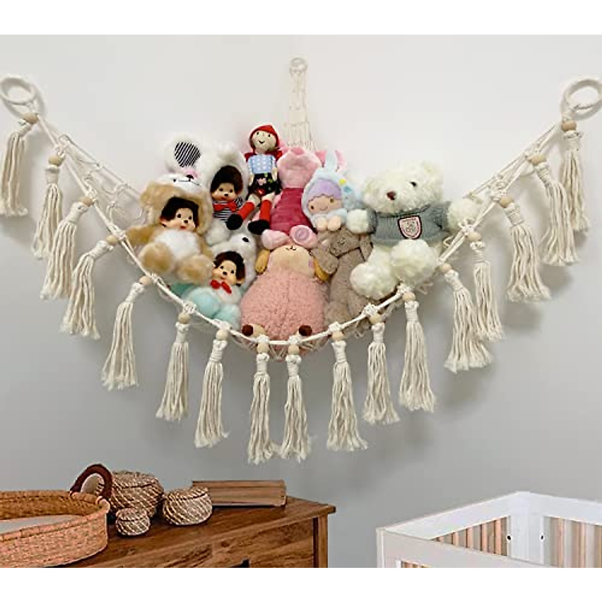 Stuffed Animal Hammock Macrame - Toy Hammock for Stuffed Animals - Stuff Animal Organizer Corner Storage Hanging Fringe - Stuffed Animal Display Holder Net Tassels for Nursery Décor, White (TH-003)